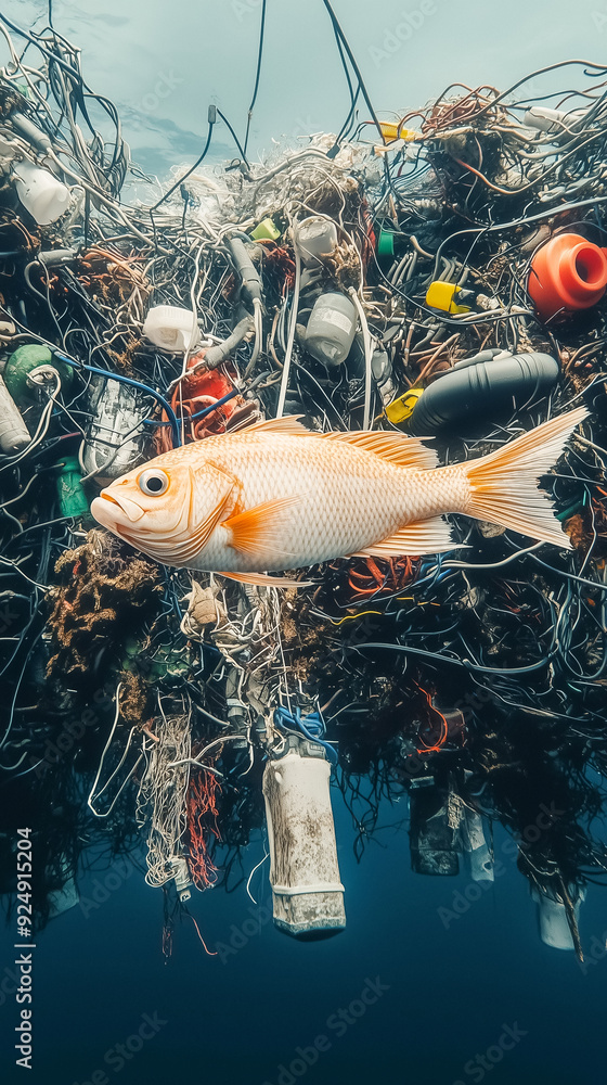 Fish entangled in underwater debris, symbolizing the devastating impact ...