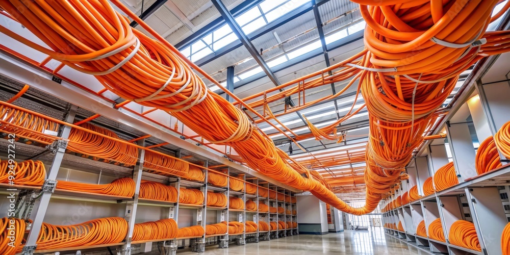 Bundled orange network cables stretch across the ceiling, resembling a ...