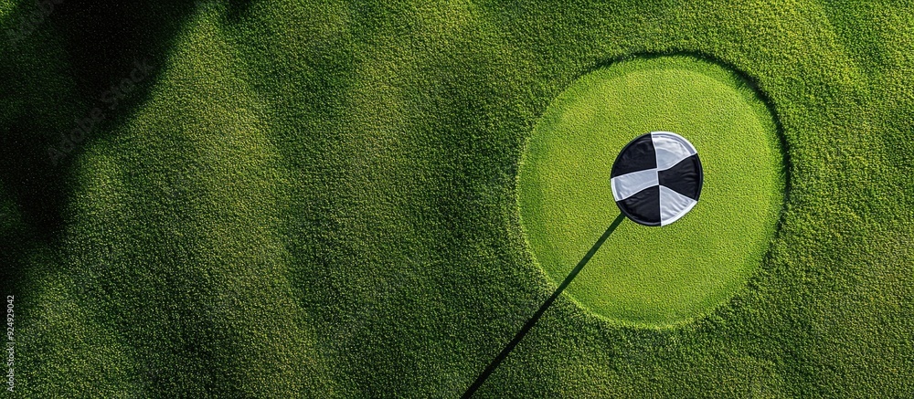 Colour image of a black and white striped flagpole on a golf course ...