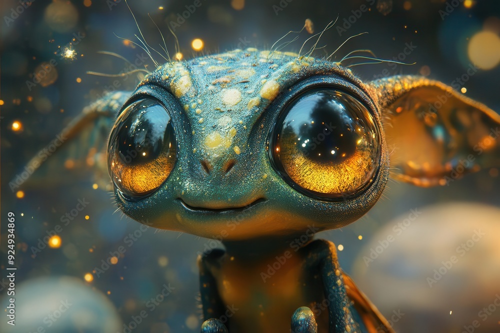 adorable alien creature with large luminous eyes and a cheeky grin ...