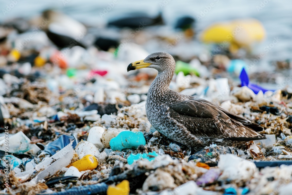 seabird amidst plastic waste on polluted shoreline, highlighting the ...