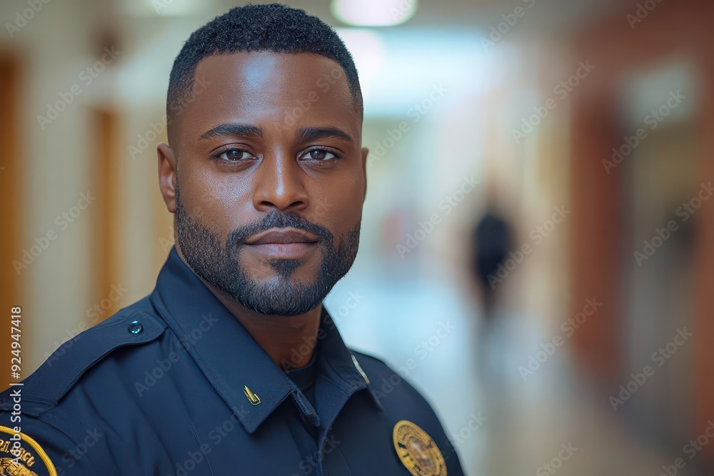 african american security guard in uniform patrolling a school hallway ...