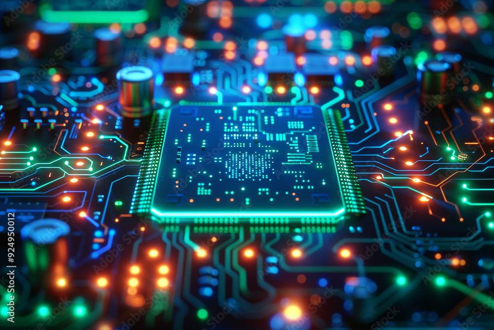 abstract technology background features a vibrant blue and green neon ...