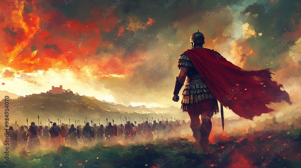 An ancient Roman general in armor stands on the battlefield, with his ...