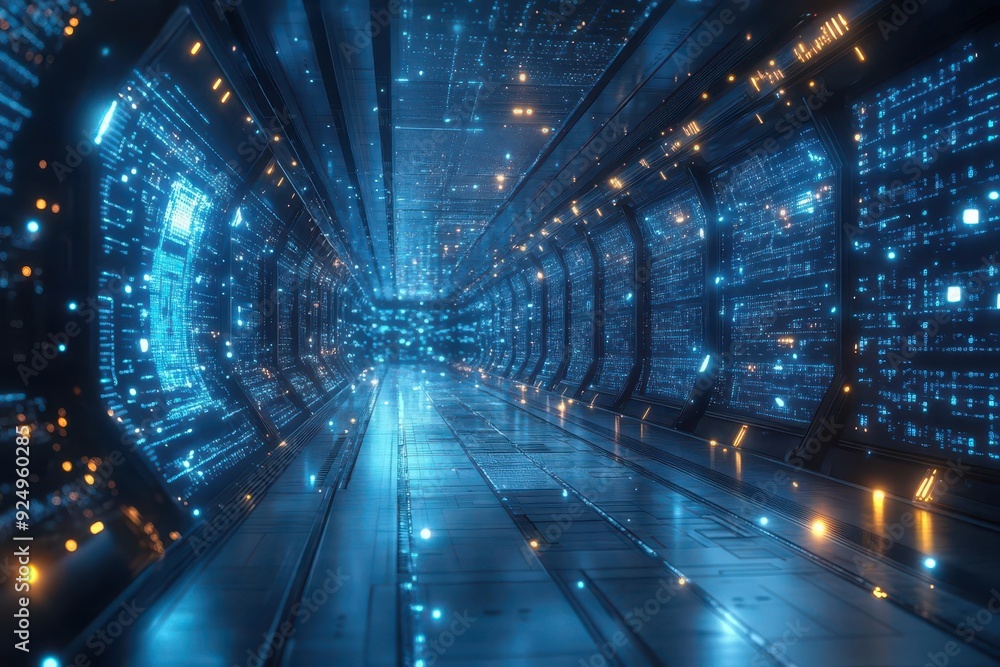 cyberpunk data center endless rows of servers pulse with electric blue ...