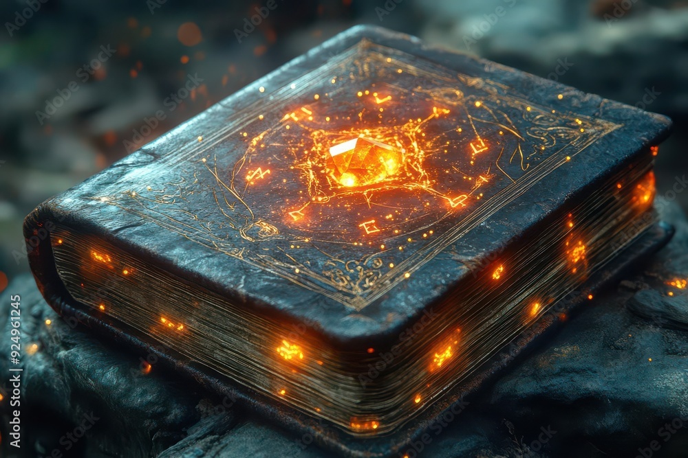 ancient spellbook radiating magical energy floating symbols and runes ...