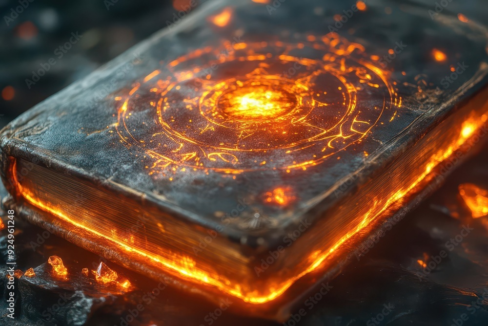 ancient spellbook radiating magical energy floating symbols and runes ...