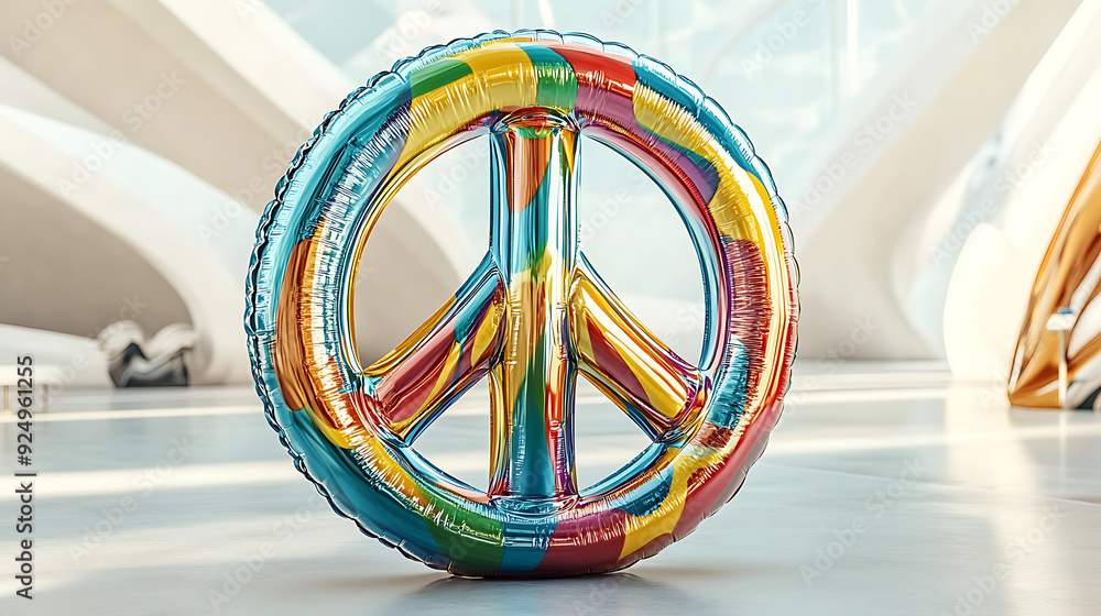 11. An inflatable peace sign with a shiny, rounded surface, in a bright ...