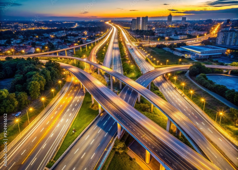Aerial view of a well-lit city highway at dusk, showcasing lane ...