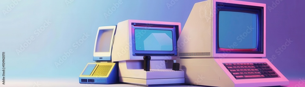 Retro gadgets with holographic displays, side view, blending vintage ...