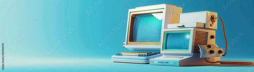 Retro gadgets with holographic displays, side view, blending vintage ...