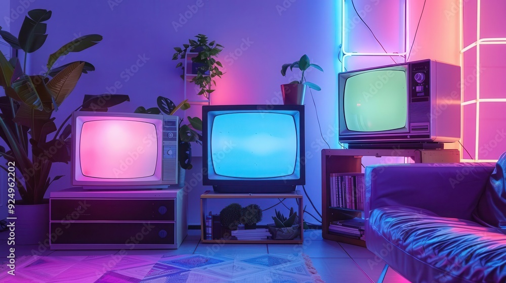 Retro TV sets and neon lights in a cozy living room, front view, evokes ...