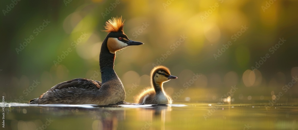 The great crested grebe with its chick is swimming in the lake The ...