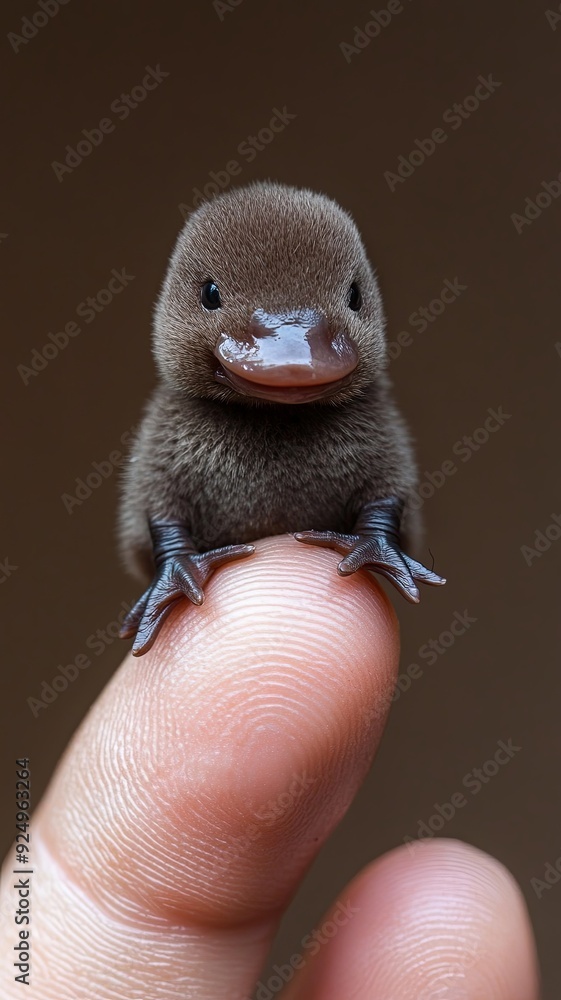 A lifelike, 8K image of a micro tiny baby platypus perched on a human ...