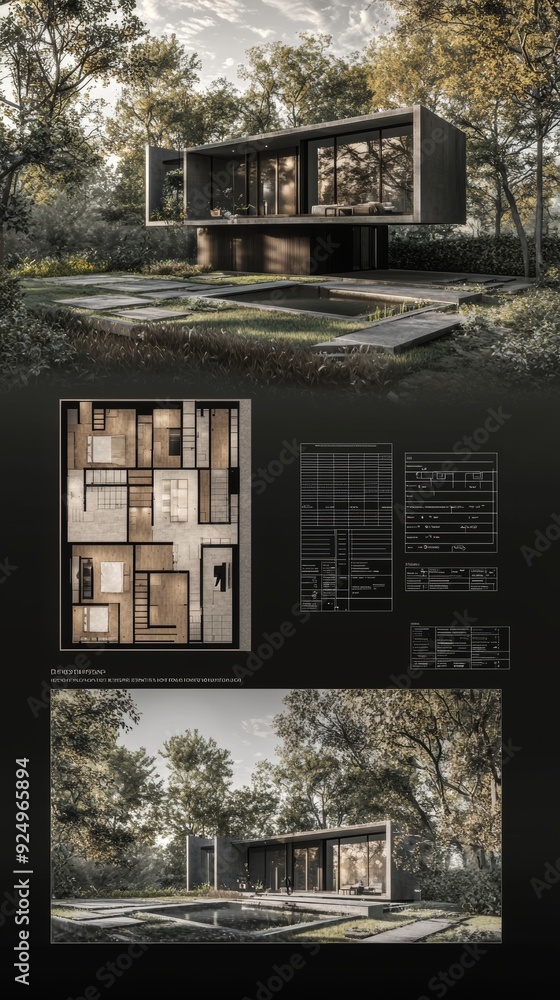 Ultra Professional architectural presentation board dark mode of a ...