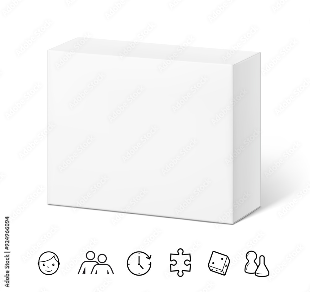 Board game box mockup with icons set. Vector illustration isolated on ...