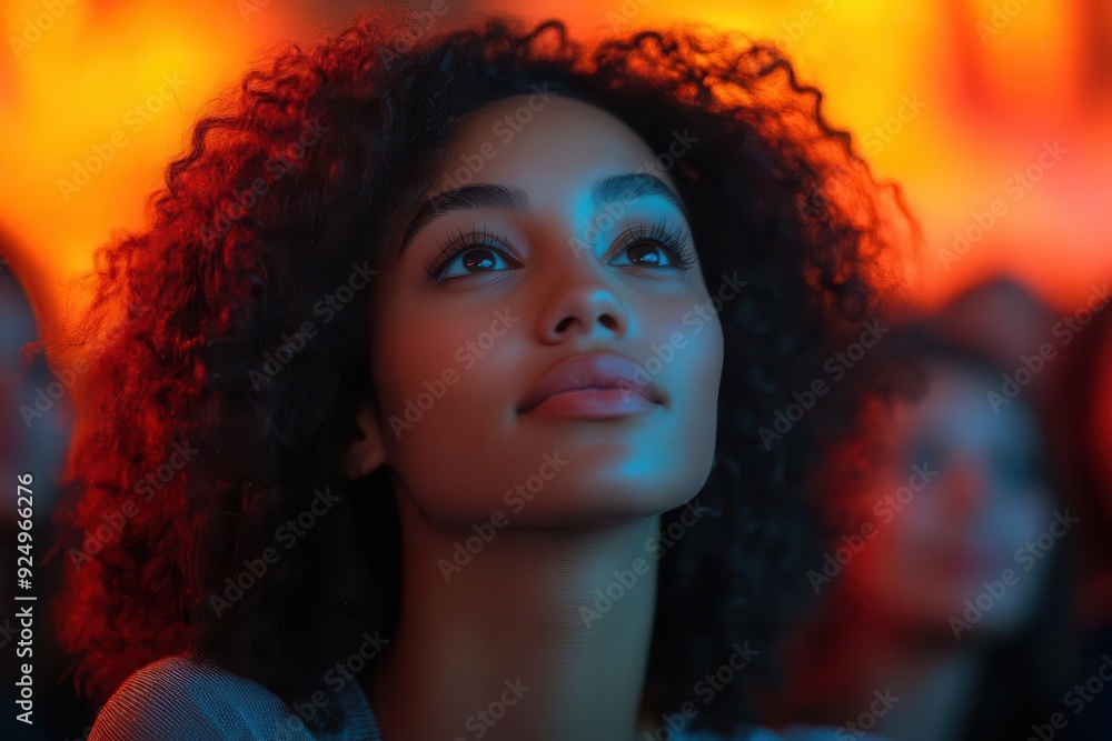 diverse audience in a modern conference hall leaning forward with rapt ...
