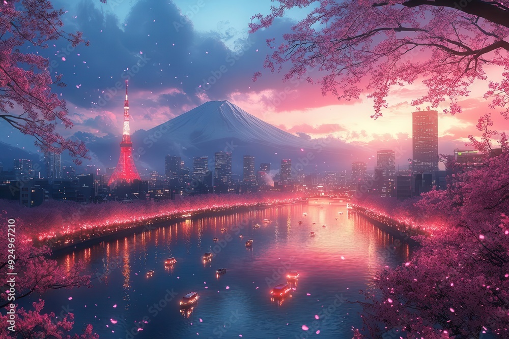 anime cityscape with mount fuji futuristic tokyo skyline neon lights ...