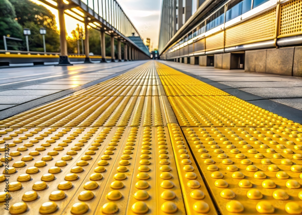Bright yellow tactile guides on a pedestrian walkway provide visual and ...