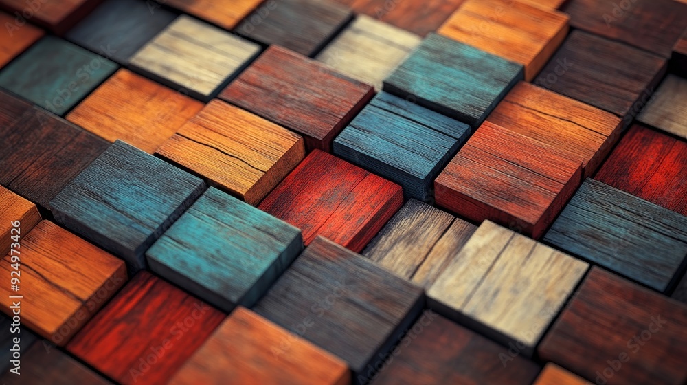 A close-up of a colorful wood block pattern. The blocks are arranged in ...