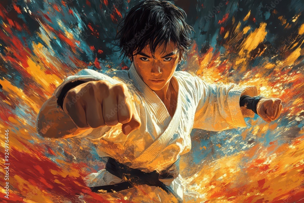 dynamic animestyle illustration of martial arts expert in midaction ...