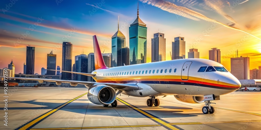 A sleek Embraer 190 airplane stands on the sun-kissed tarmac at Dubai ...