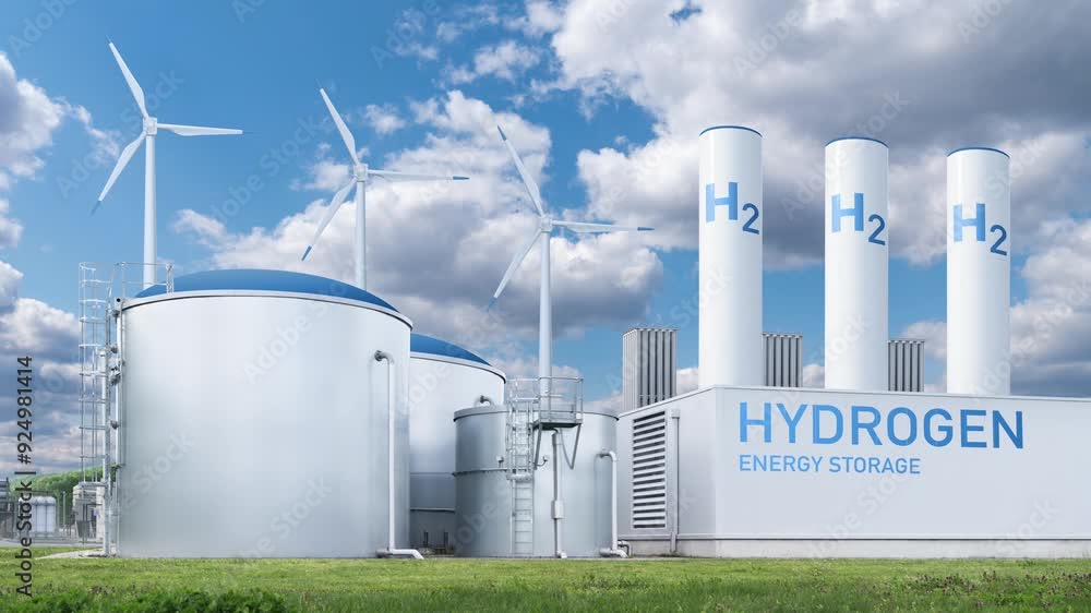 Hydrogen factory with energy storage concept. Green hydrogen production ...