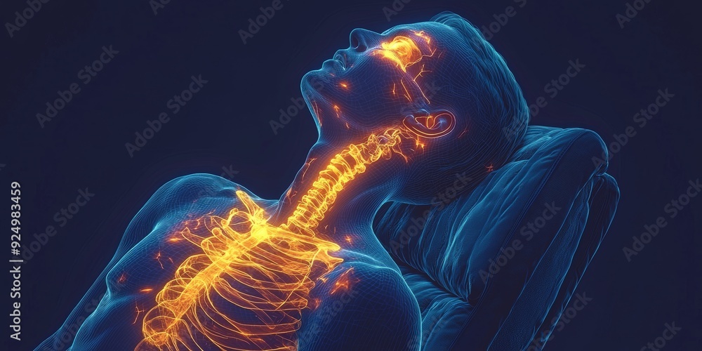 3D illustration of a human body showing pain in the neck and spine ...