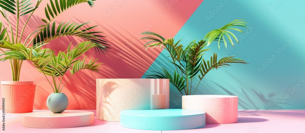 Various podiums for displaying products in a photo shoot with a color ...