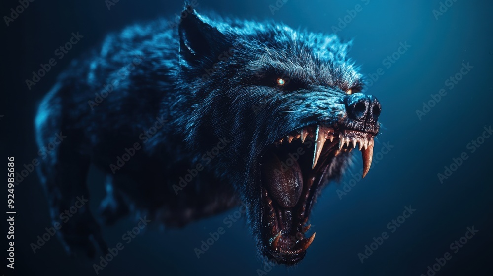 3D graphic of a werewolf howling, airy and tidy, blue background ...
