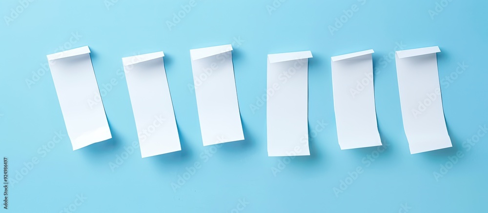Five white paper strips on a light blue background provide copy space ...
