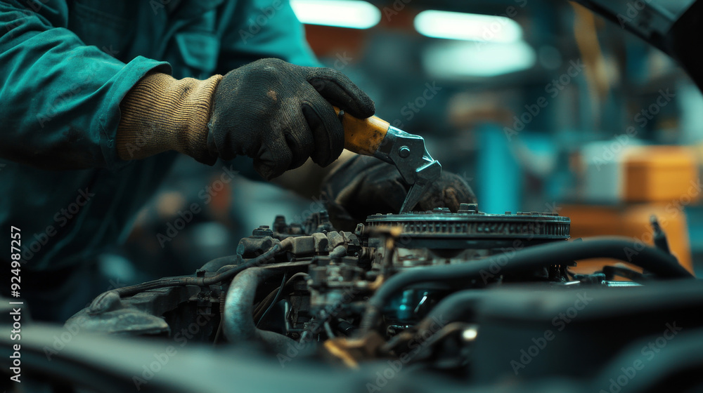 Auto mechanic repairing a malfunctioning engine in a service garage ...