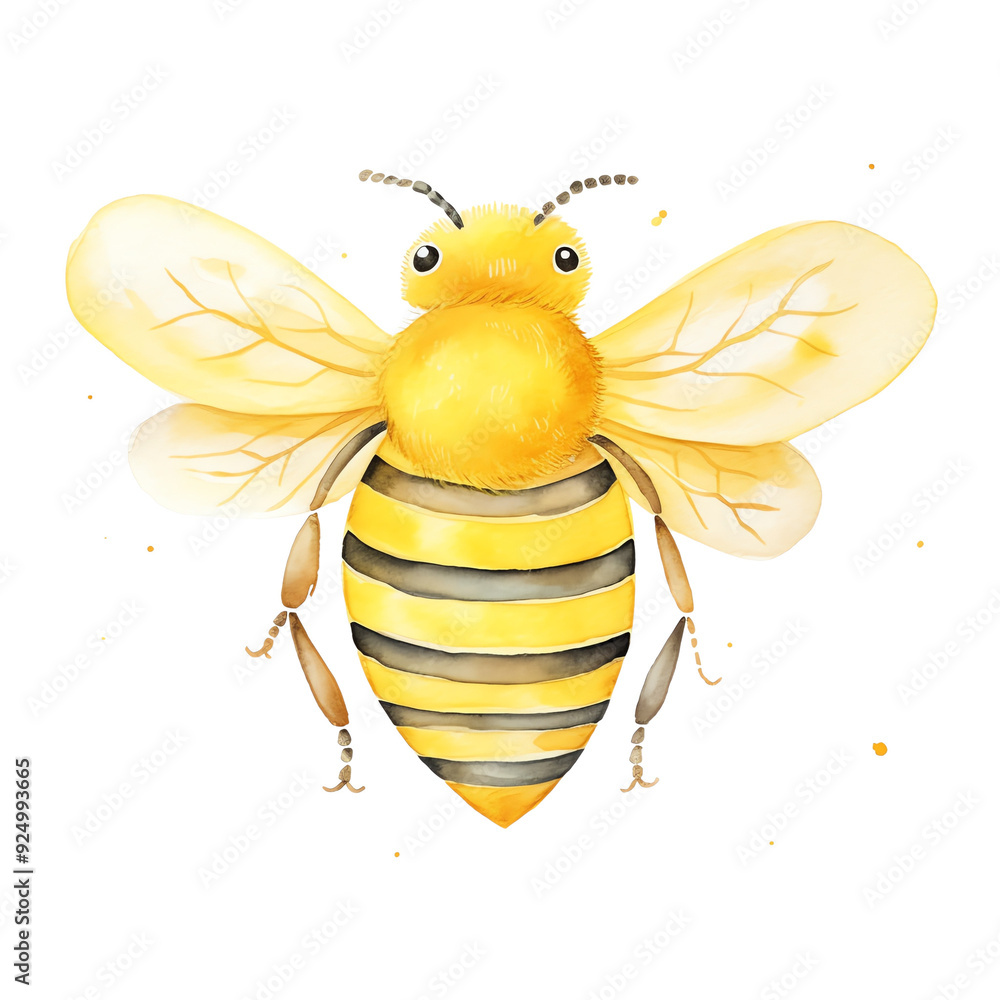 Watercolor illustration of a cute yellow and black bee with wings ...
