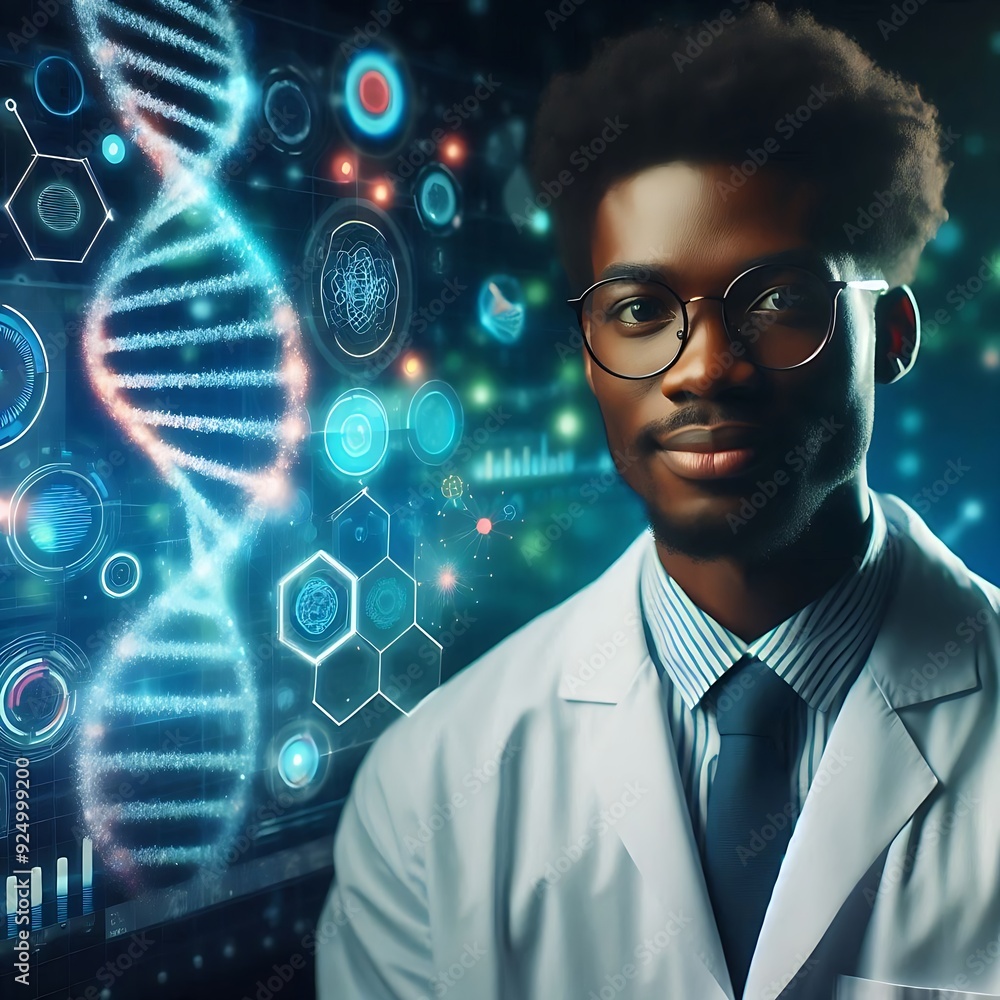 Scientist in a lab coat standing next to a digital DNA model and ...