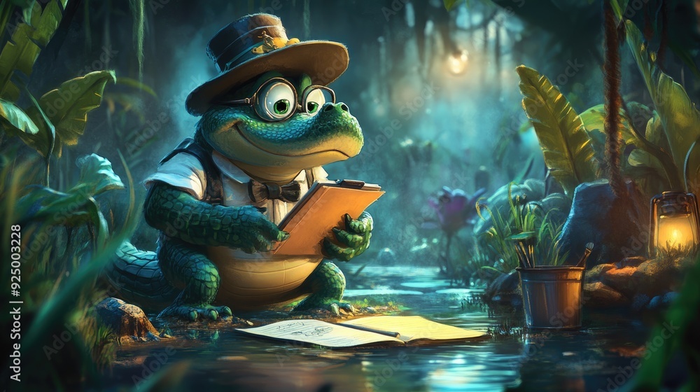 A cartoon alligator with a detective hat, magnifying glass, and a ...