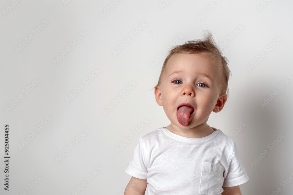 Playful child with a cheeky expression, sticking out tongue ...