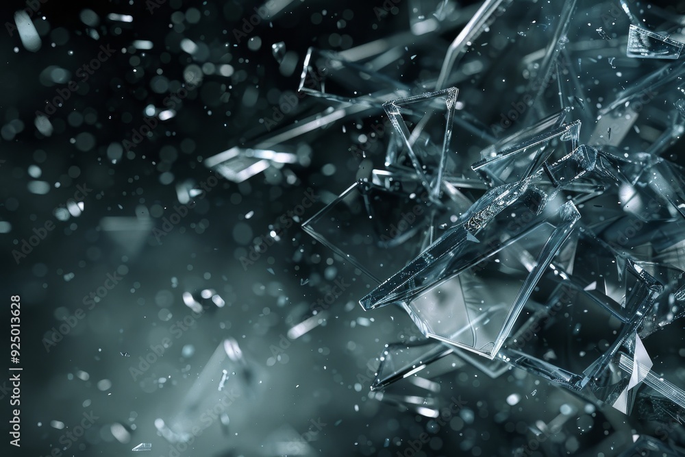 Shattered glass, realistic glass shards in the air after the explosion ...