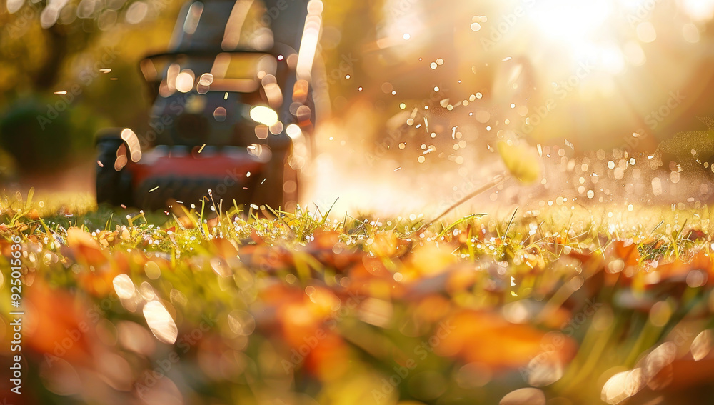 Close-up of person mowing the lawn with an electric weed whacker on a ...