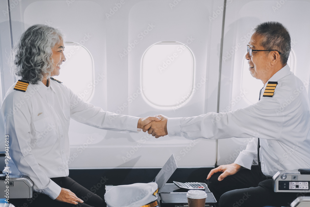 Professional pilot woman in uniform has teamwork meeting for success ...