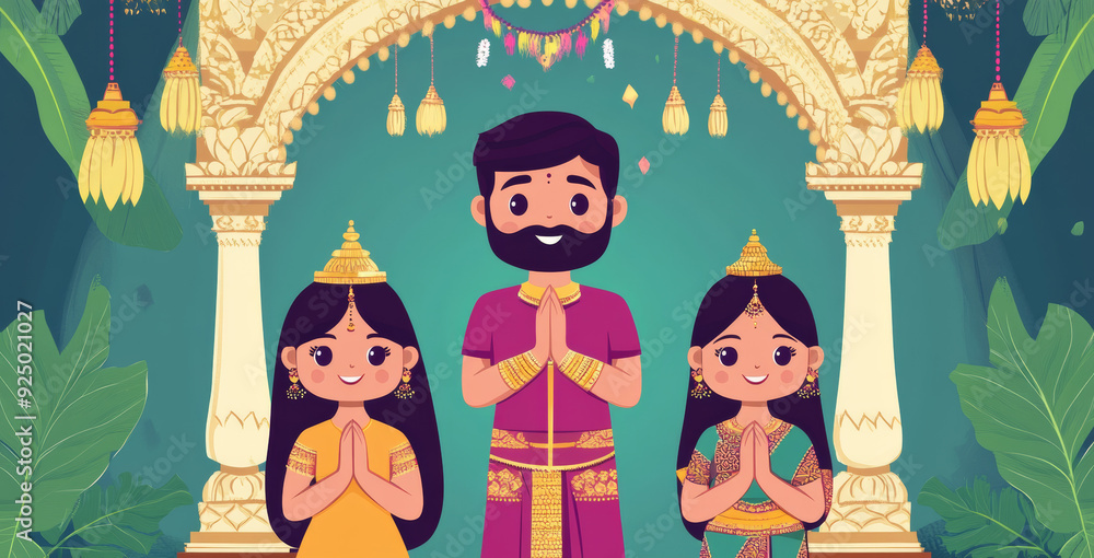 India – a cartoon family, dressed in traditional Indian attire ...