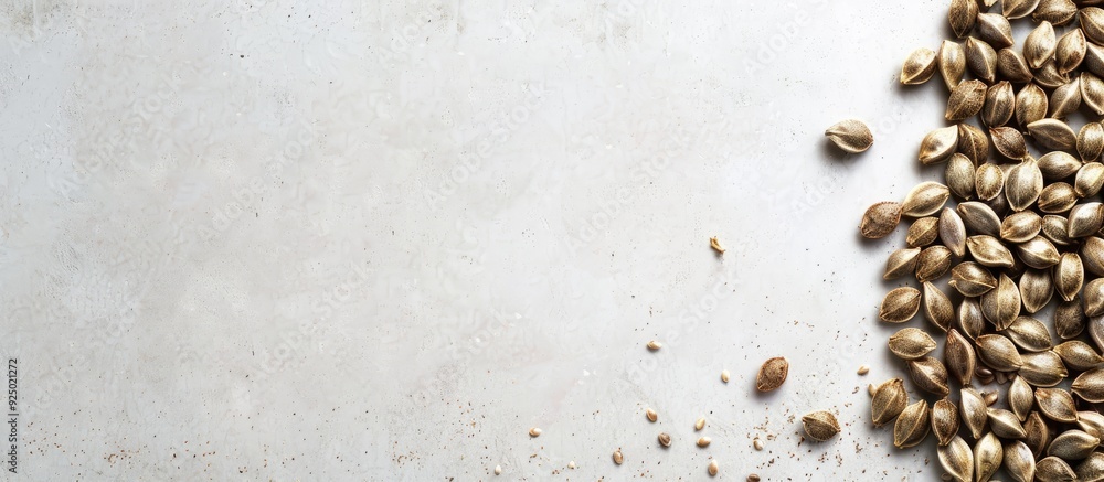 Top-down view of hemp seeds on a clean white surface, suitable for ...