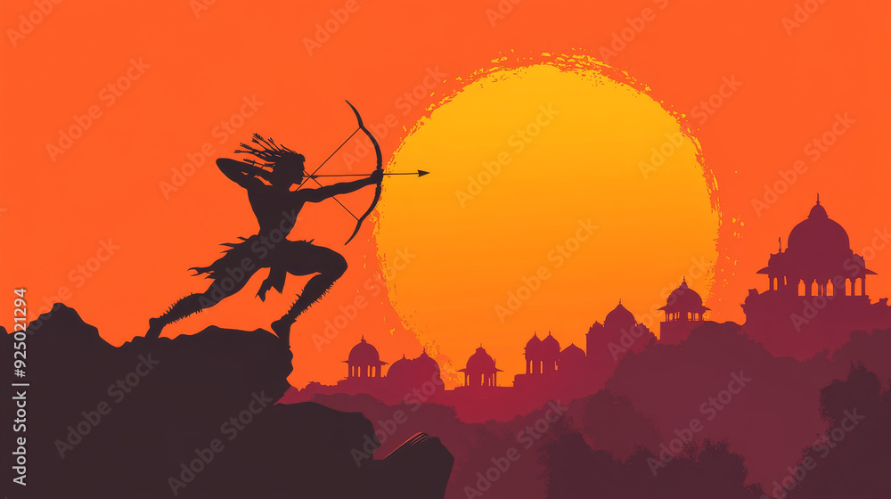 India – a silhouette of Lord Rama aiming his bow at the rising sun ...