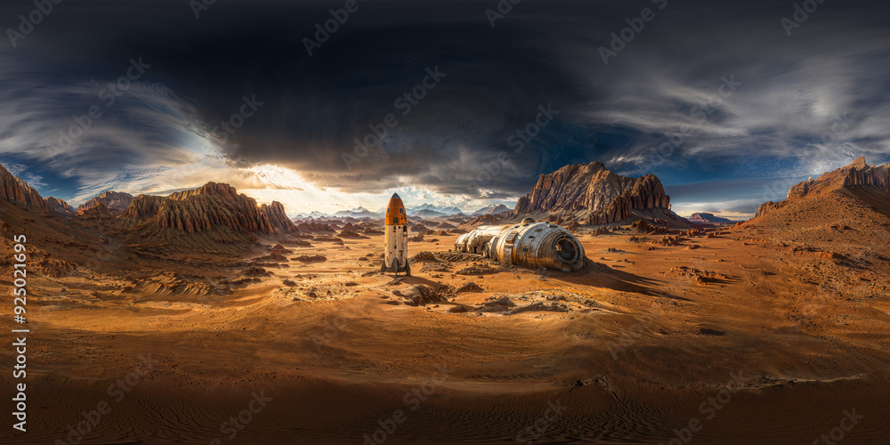 Science base and Space shuttle on Mars land 8K VR, 360 degree space ...