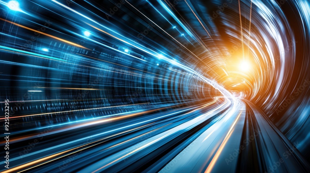 Futuristic tunnel background, algorithmic transformation, networked systems, blending reality ...