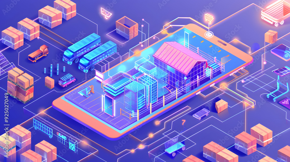Isometric illustration of a smart warehouse management system featuring ...