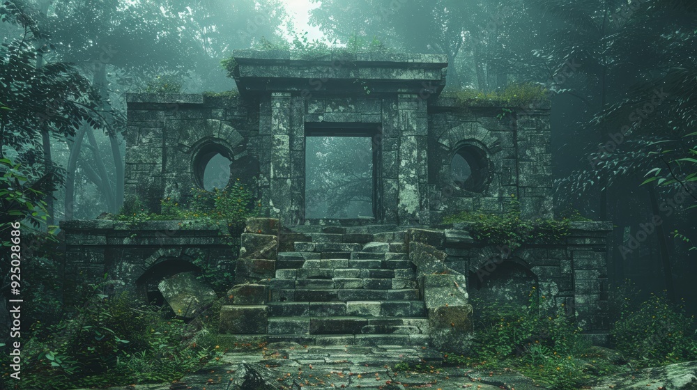 Ancient Stone Ruins: The weathered remains of ancient stone ruins, surrounded by overgrown ...