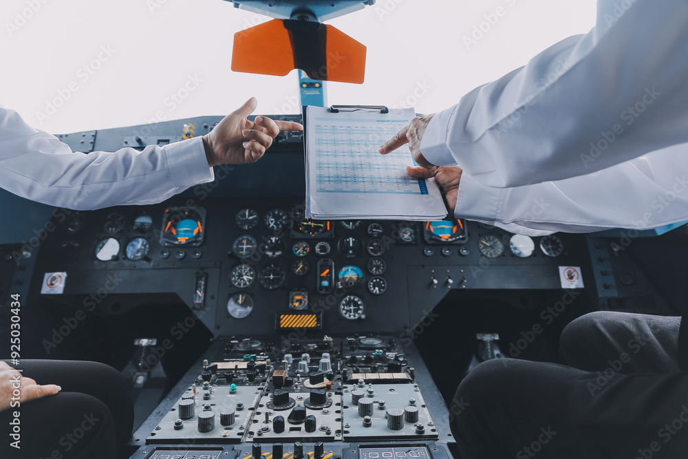 Professional pilot woman in uniform has teamwork meeting for success ...
