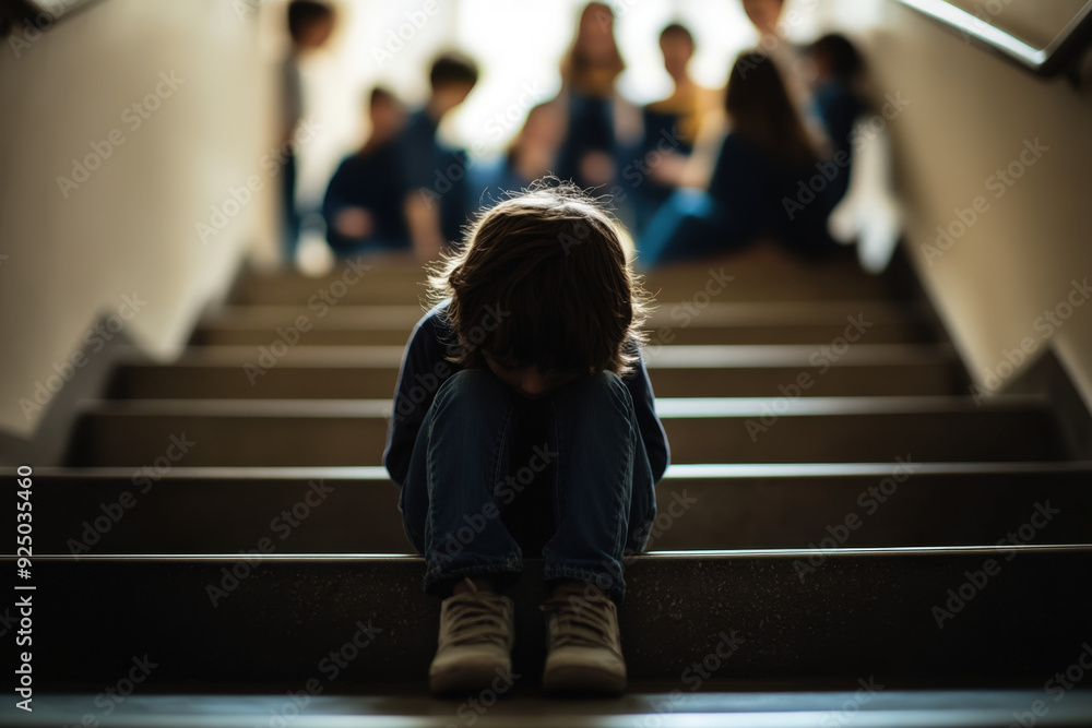 Elementary school student feeling alone and depressed on stairs during ...