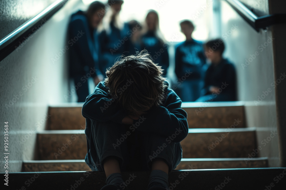 Young student is feeling left out and depressed on the stairs at school ...