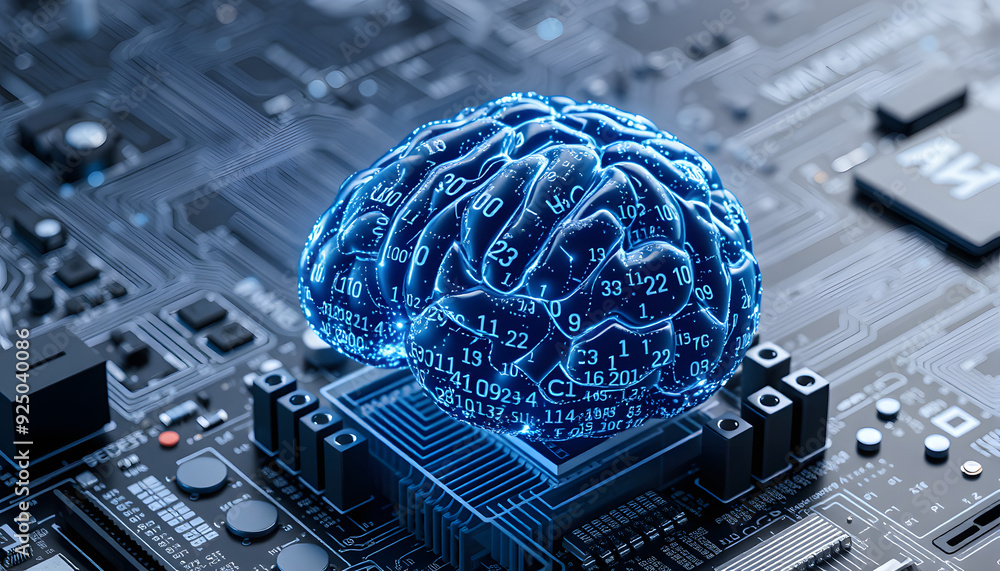 Artificial Intelligence digital Brain future technology on motherboard computer. Binary data ...